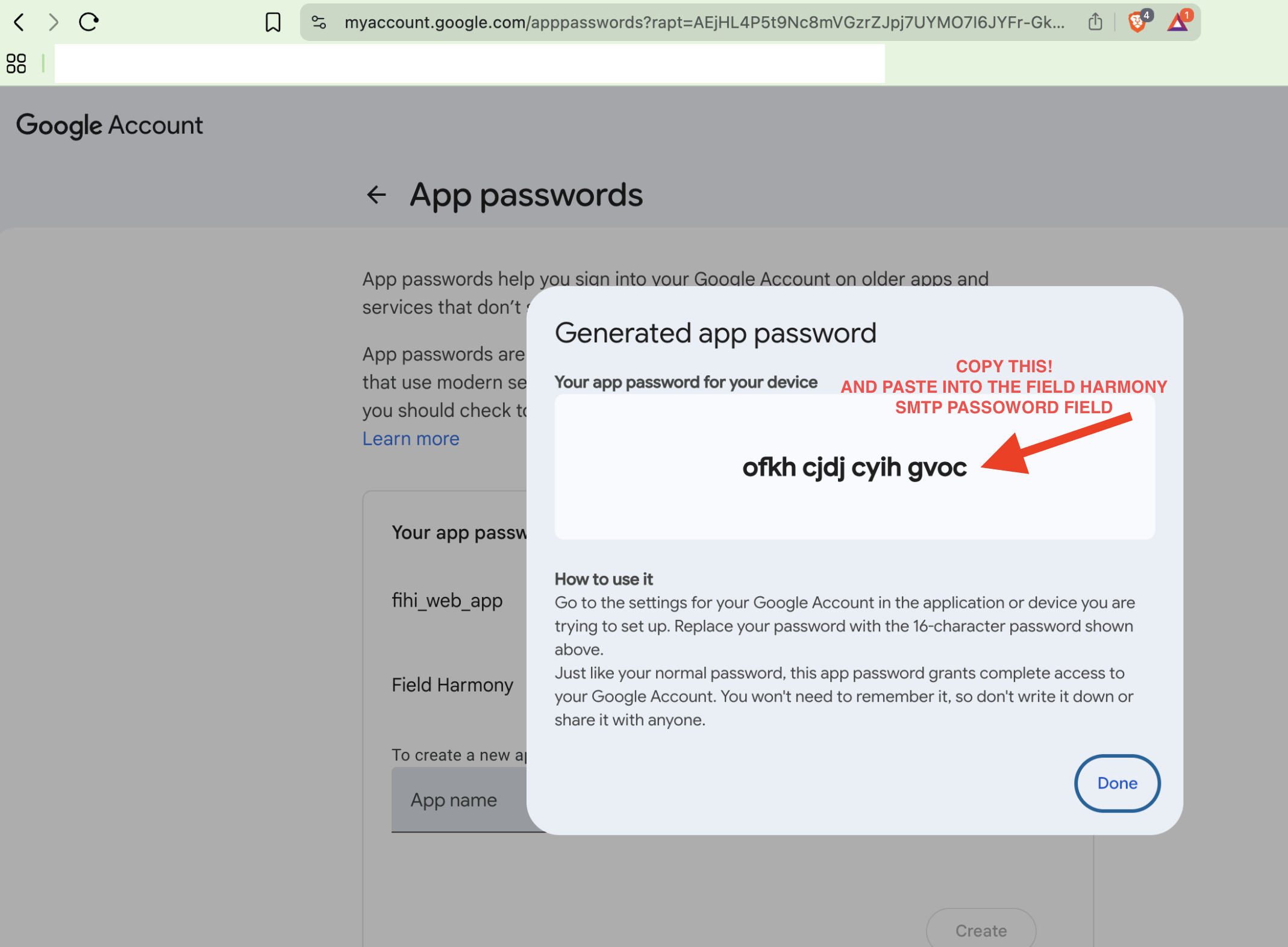 Creating 'App Specific Password' for gmail accounts. – Field Harmony